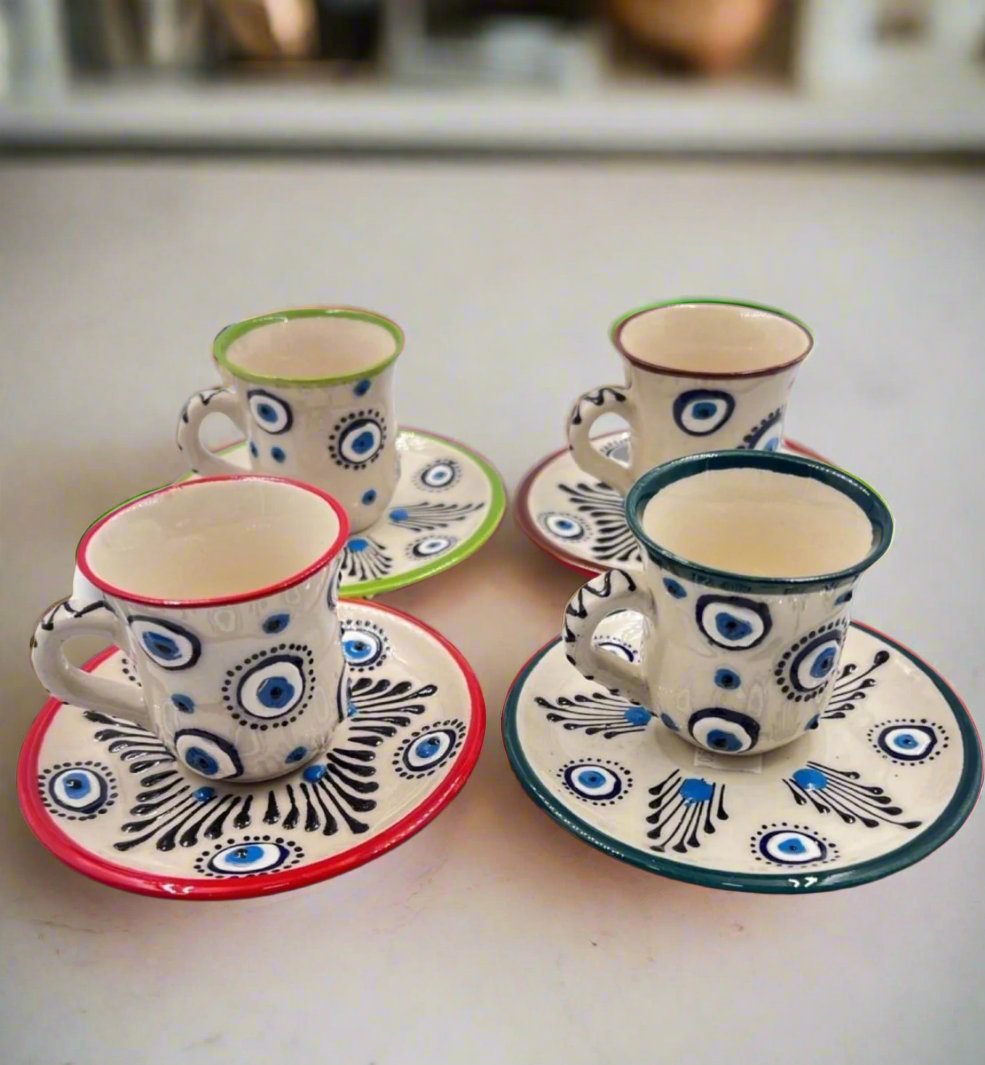 Six Handmade Ceramic Blue Eye Turkish Coffee Set - Rassme