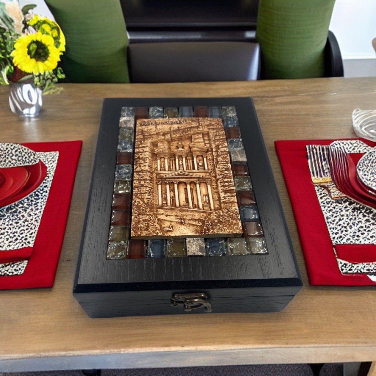 Handcrafted Wooden 3D Petra Mosaic Stones Box Burned Wood - Rassme