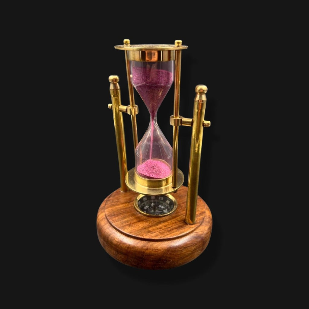 Hourglass Brass Wooden Sand Clock With Compass - Rassme